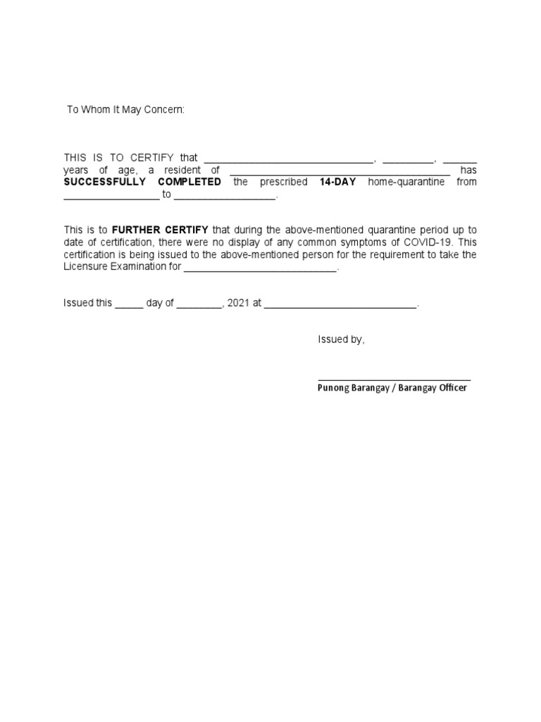 Sample Quarantine Cert | PDF