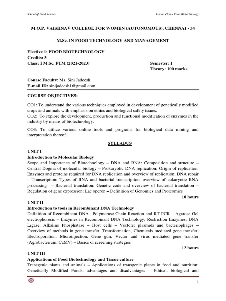 School of Food Science Lesson Plan - Food Biotechnology | Download Free ...