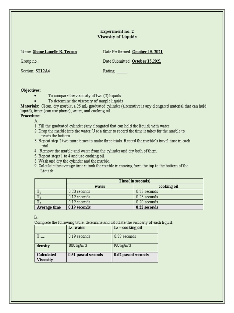 Experiment No. 2 Viscosity of Liquids: 1000 KG/M 3 930 KG/M 3 | PDF ...