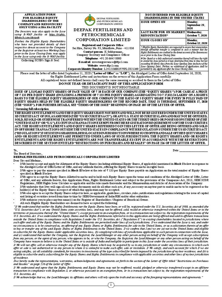 Application for Rights Issue of Equity Shares by Deepak Fertilisers and ...