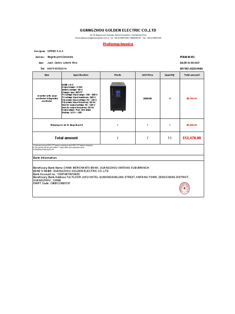 Guangzhou Golden Electric Co.,Ltd: Proforma Invoice | PDF | Power ...