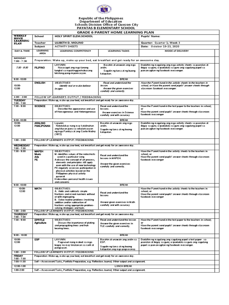 Grade 6 Parent Home Learning Plan | PDF | Learning | Cognition