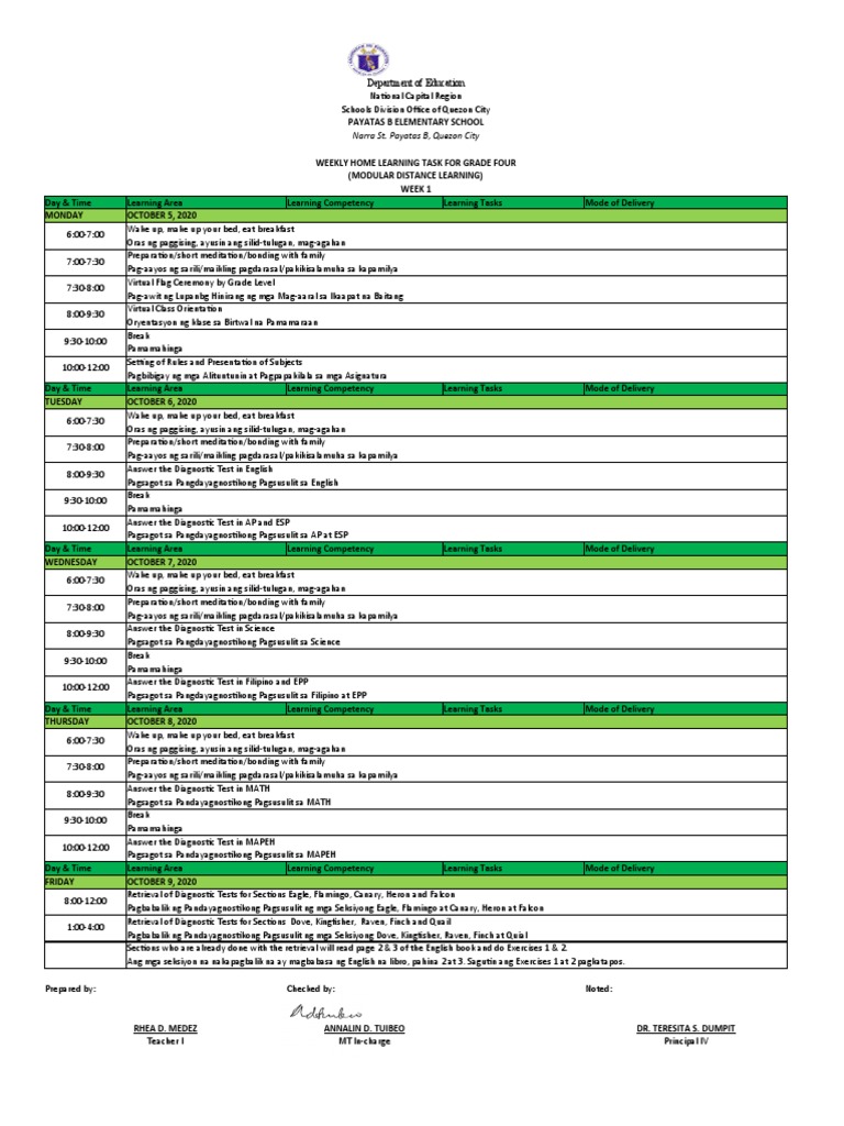 Grade 4 Weekly Learning Tasks | PDF