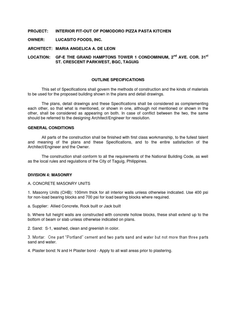 Outline Specifications | PDF | Countertop | Plumbing