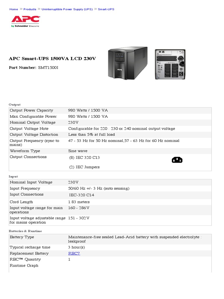 APC Smart-UPS 1500VA LCD 230V: Part Number: SMT1500I | PDF | Mains ...