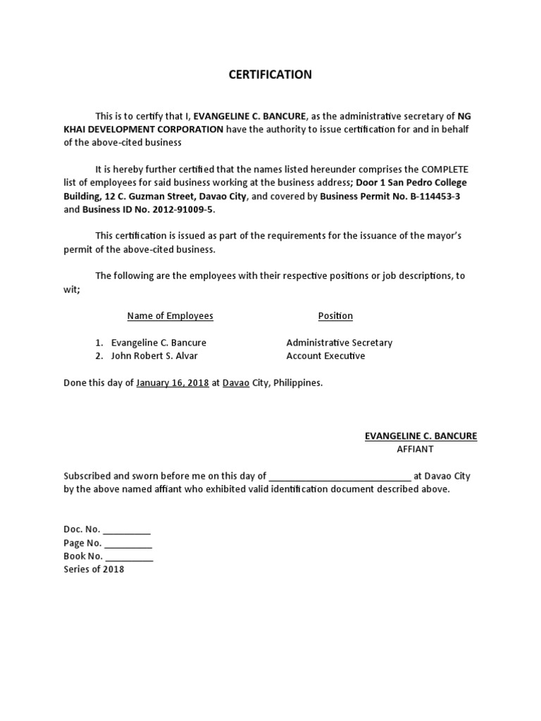 CERTIFICATION (List of Employees) | PDF