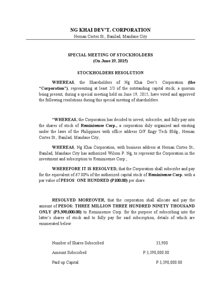 Board Resolution - Stockholders | PDF | Stocks | Shareholders