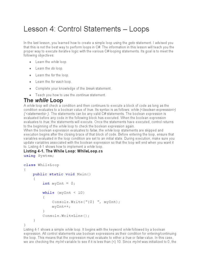 C# Loops Lesson - Learn While, Do, For, Foreach Loops | PDF | Control Flow | Boolean Data Type