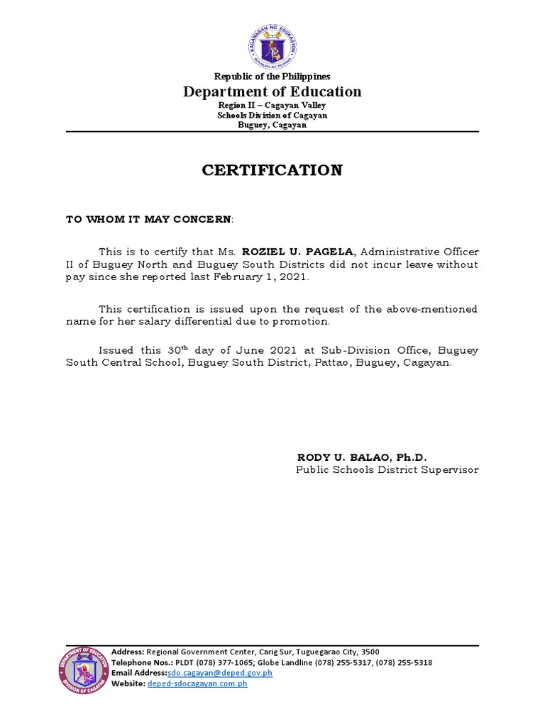 Certification of NO ABSENCE | PDF