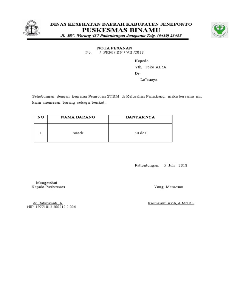 Nota Pesanan Snack Puskesmas Binamu | PDF