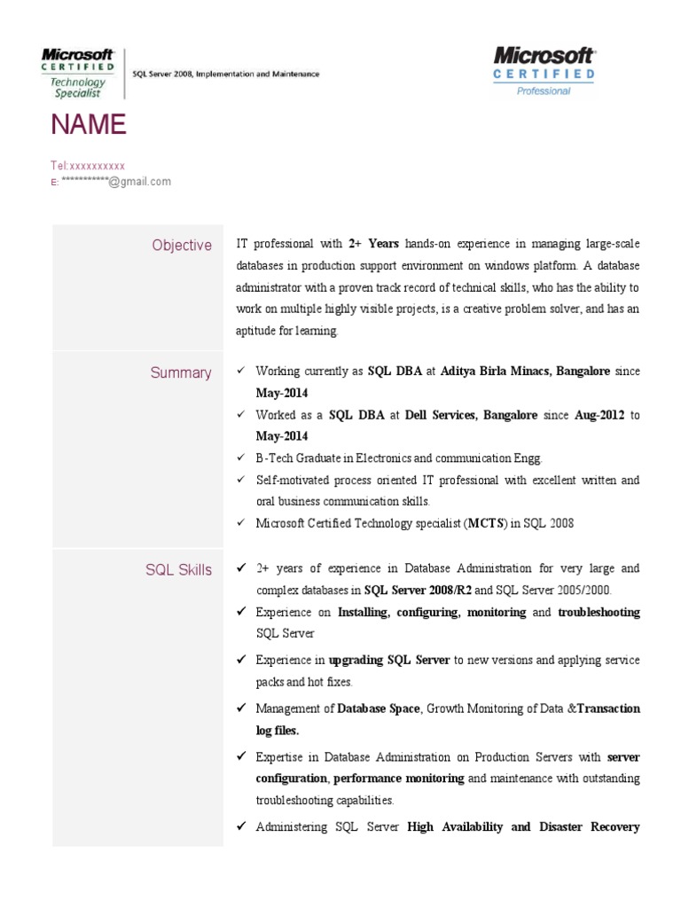 SQL Server DBA Sample Resume 2 | PDF | Microsoft Sql Server | Databases