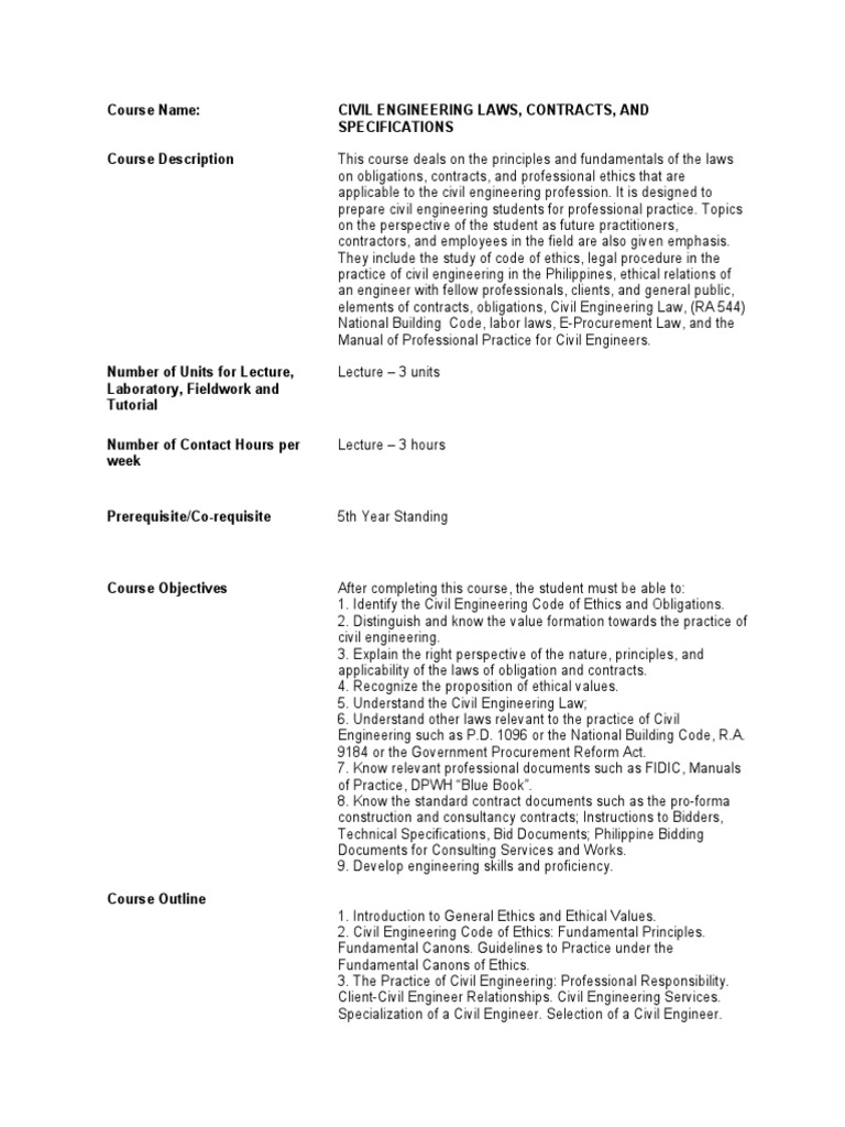Course Name: Civil Engineering Laws, Contracts, and Specifications ...
