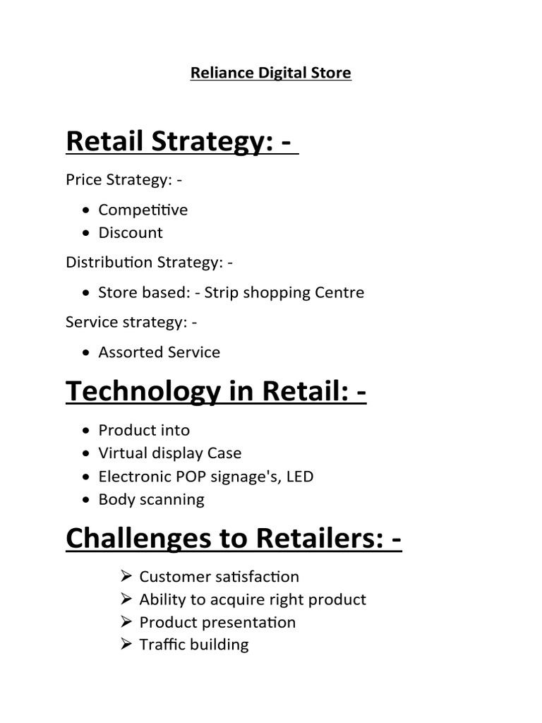 Retail Strategy: - : Reliance Digital Store | PDF | Retail | Marketing