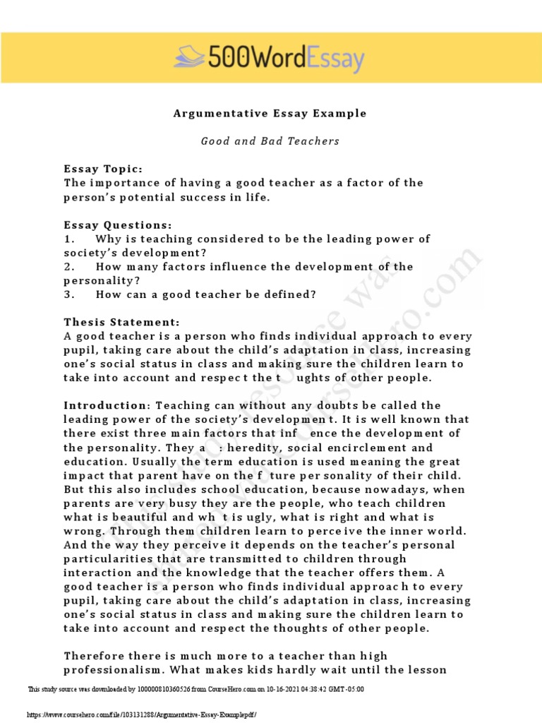 Argumentative Essay Example: Good and Bad Teachers | PDF | Teachers ...
