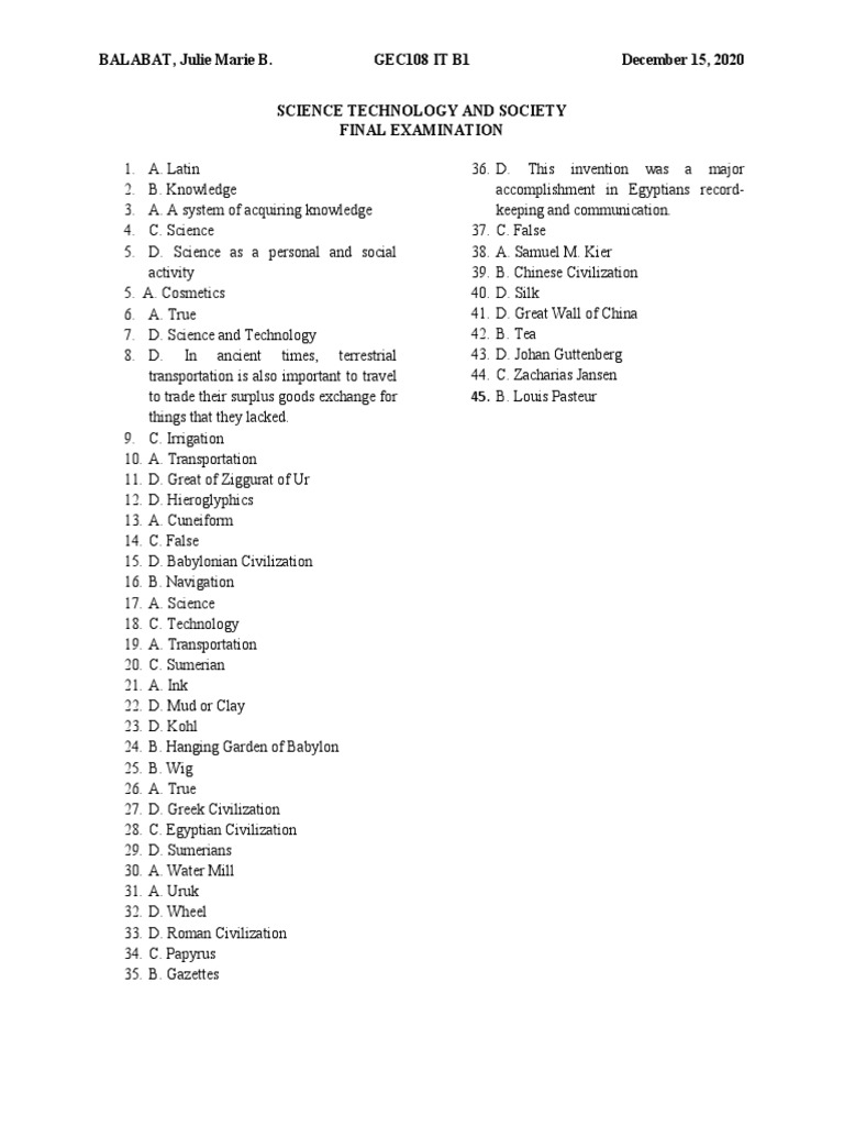 GEC108 - Exam Answer Key | PDF