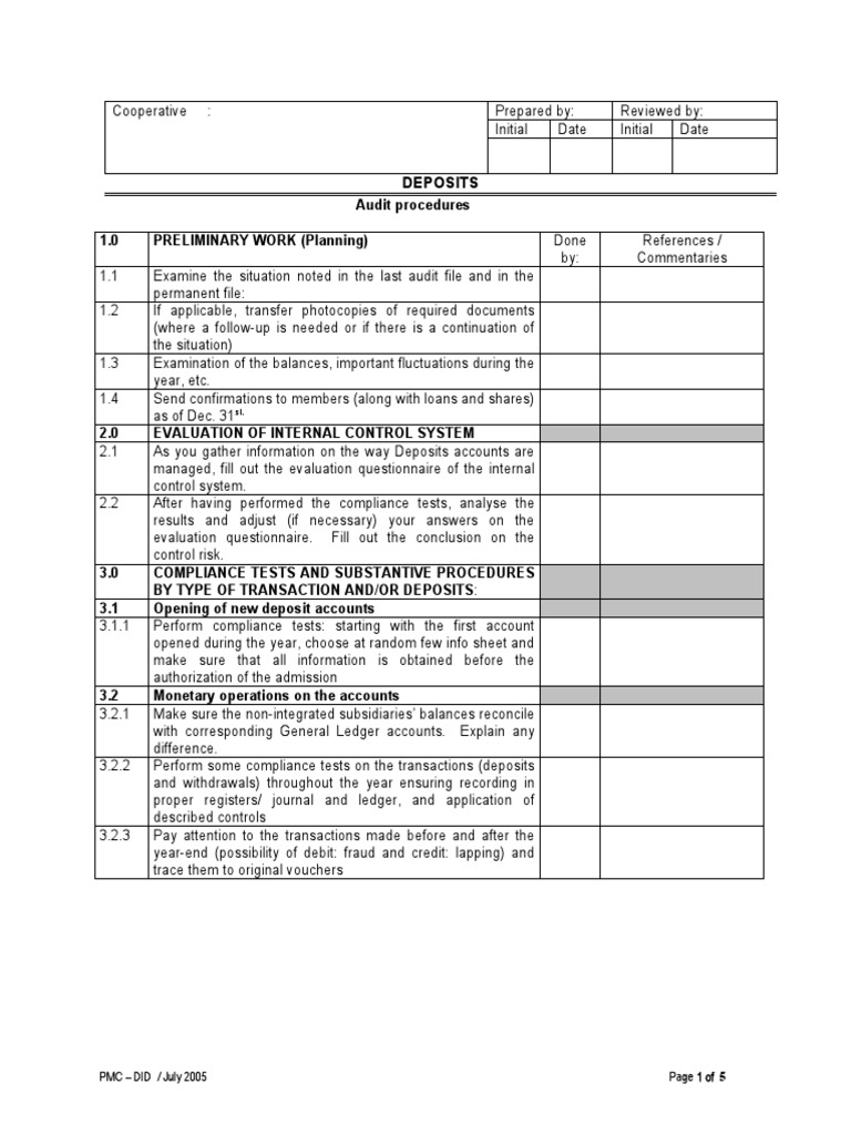 Deposits - Audit Program | PDF | Audit | Expense