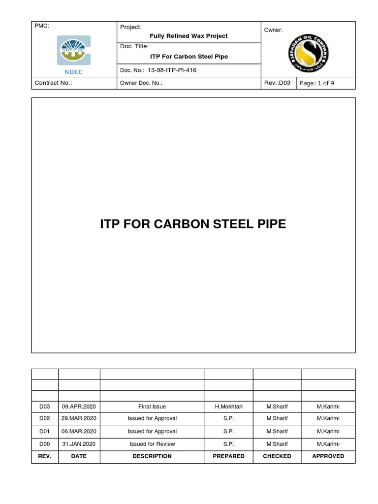 Itp For Carbon Steel Pipe | PDF | Specification (Technical Standard ...
