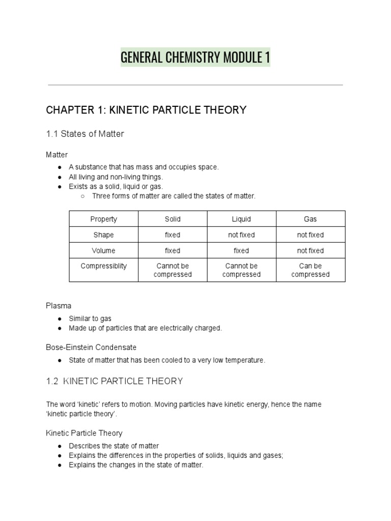 General Chemistry Module 1: Chapter 1: Kinetic Particle Theory | PDF ...