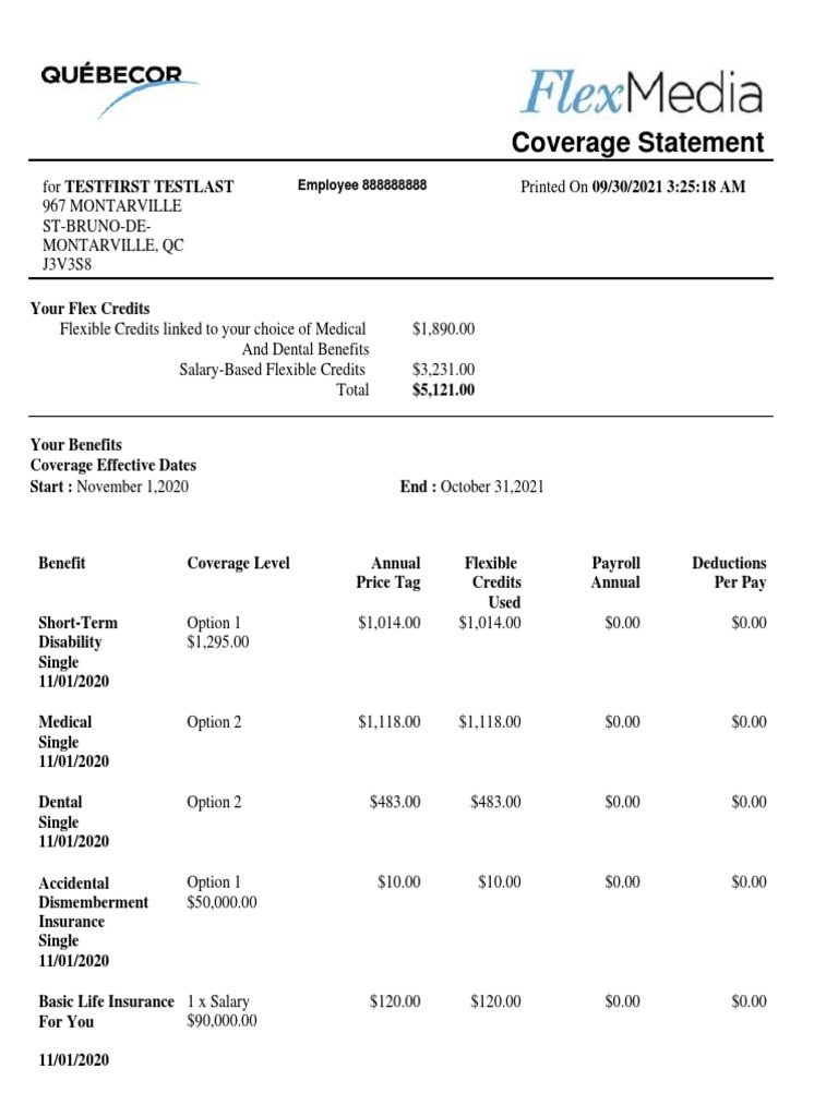 Coverage Statement: Employee 888888888 | PDF | Life Insurance | Insurance