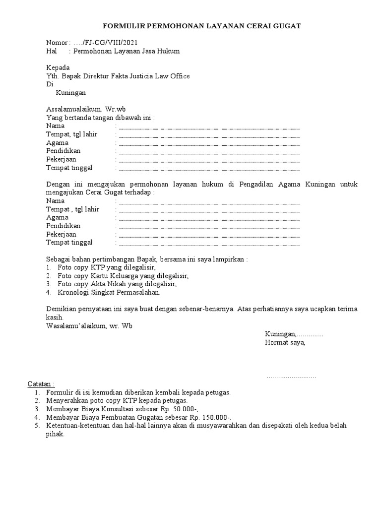 Contoh FORMULIR CERAI GUGAT (ADA HARGA) | PDF