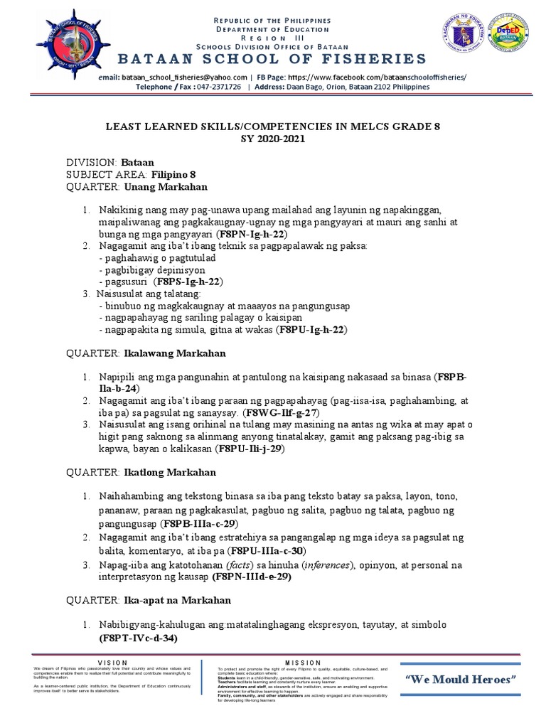 Least Learned Competencies (MELCS Grade 8) | PDF