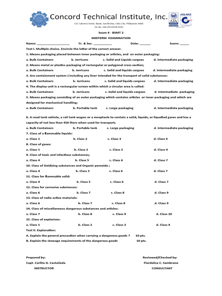 Midterm Exam on Dangerous Goods Handling | PDF | Dangerous Goods ...