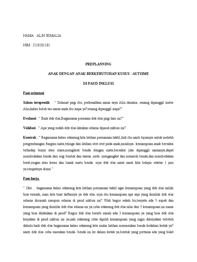 Pre-Planning Dengan Anak Autis (Alin Ikmalia - J210201181) | PDF