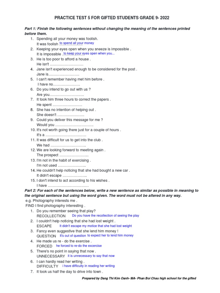 Practice Test 5 For Gifted Students Grade 9 | PDF