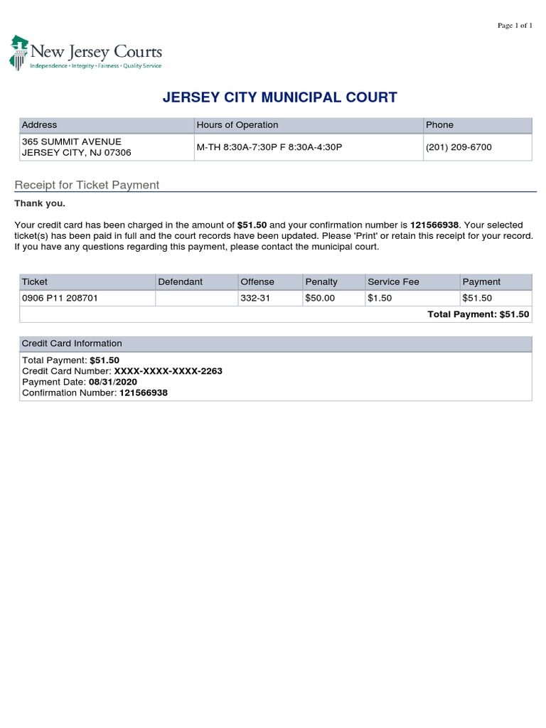Jersey City Ticket Payment Receipt | PDF