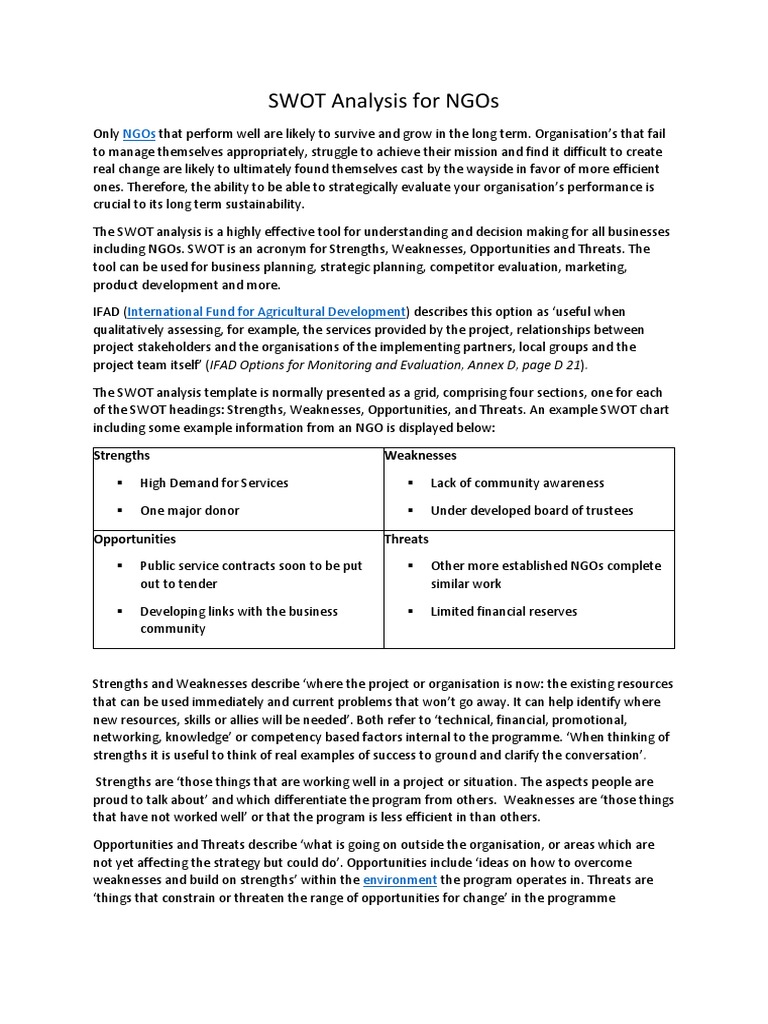 Swot Analysis For Ngos: Strengths Weaknesses | PDF | Swot Analysis ...