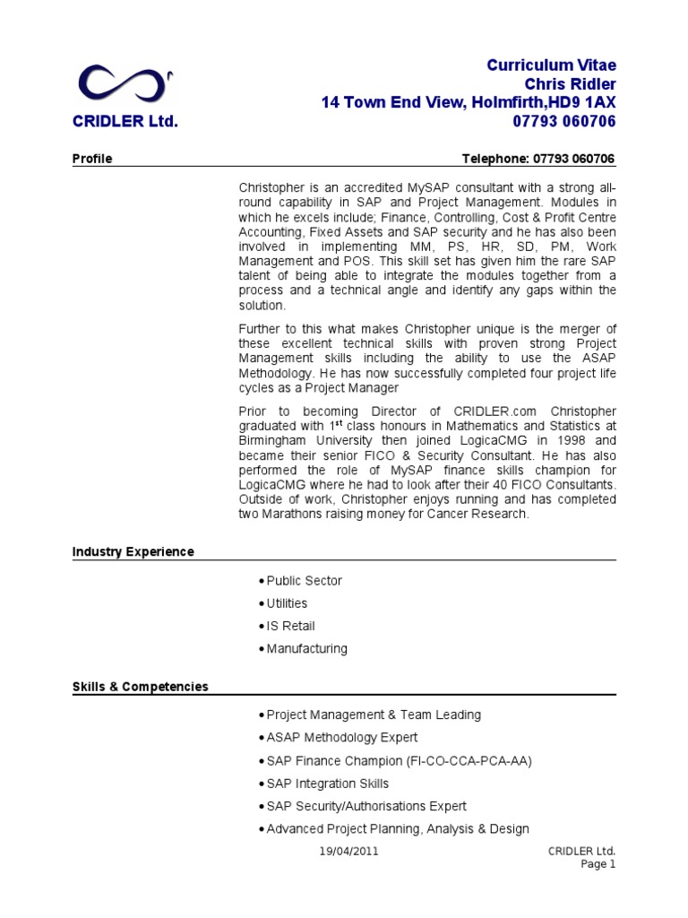 CV of Chris Ridler - SAP - Project - Manager - AND - Senior SAP ...