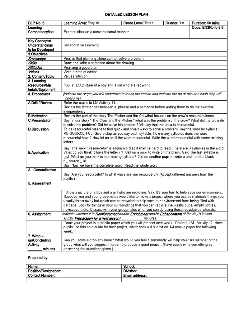 5.DETAILED LESSON PLAN in English 3 Q1 | PDF | Learning | Lesson Plan