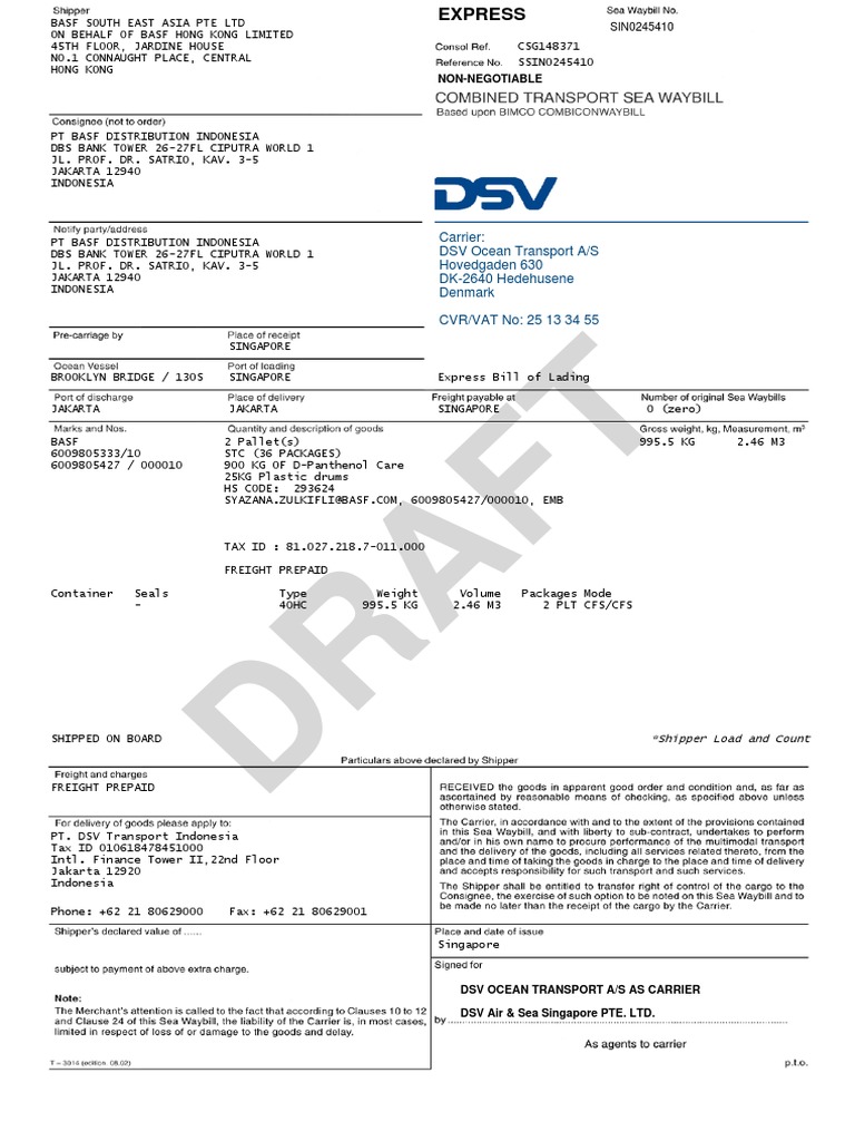 Sea WayBill - SIN0245410 | PDF | Trade | Freight Transport
