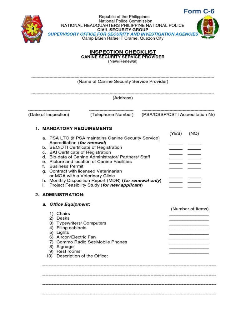 Form C-6: Inspection Checklist | PDF | Police Dog | Dogs