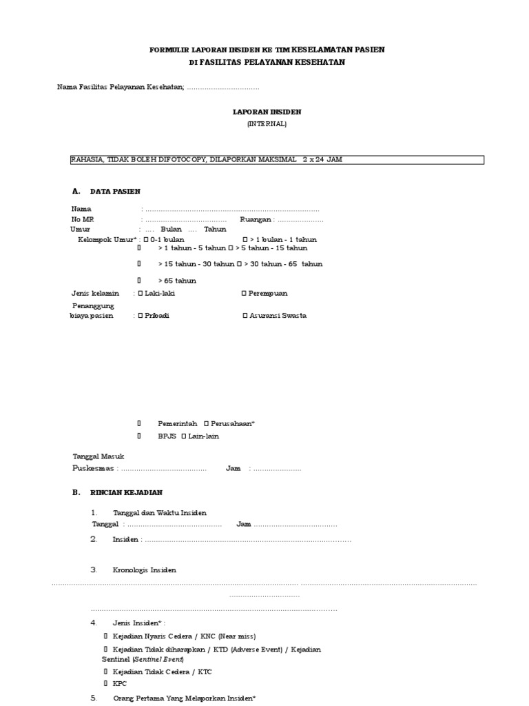 Formulir Laporan Insiden Ke Tim Keselamatan Pasien | PDF