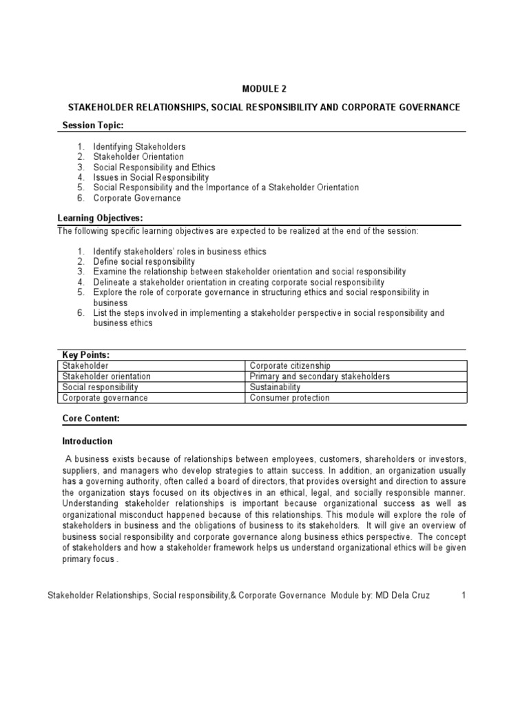 Module 2 Stakeholders Relationship Pdf Corporate Social
