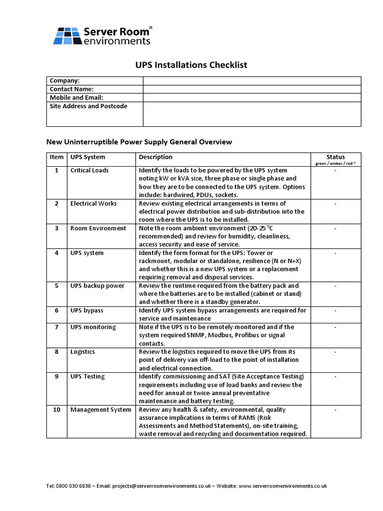 Ups Installations Checklist | PDF | Power Supply | Electrical Engineering