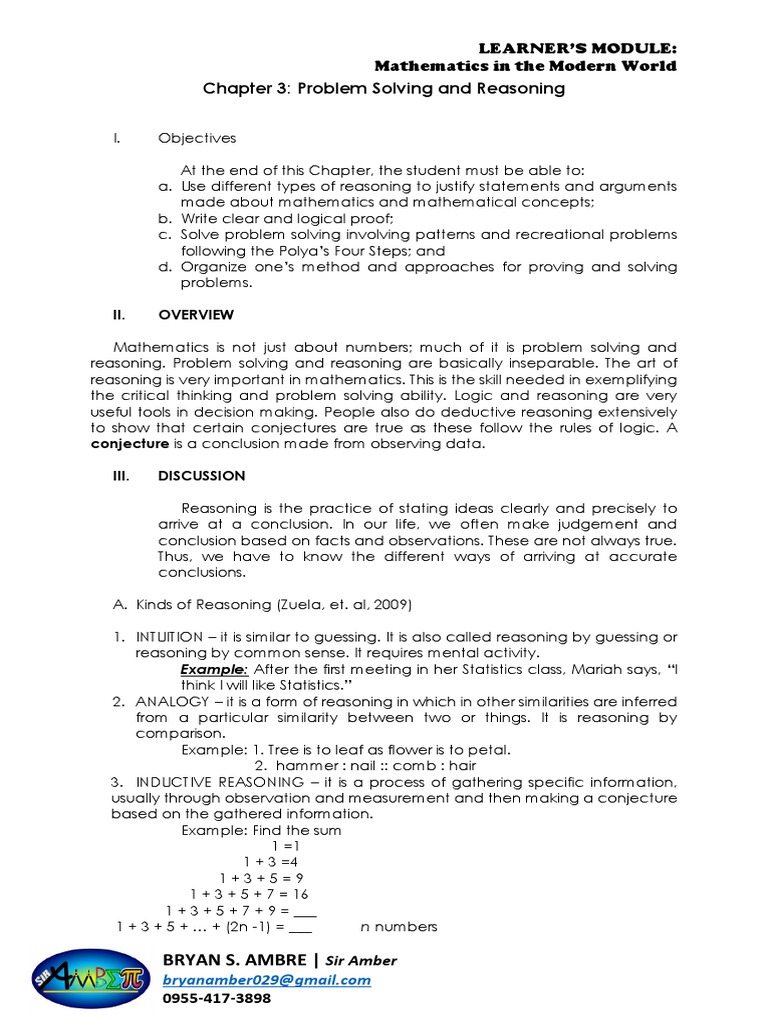 Chapter 3 Problem Solving And Reasoning Learner S Module Mathematics