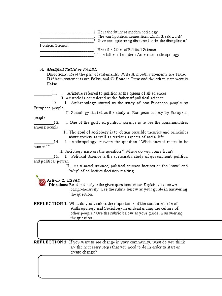 A. Modified TRUE or FALSE: Activity 2: ESSAY Directions: Read and ...