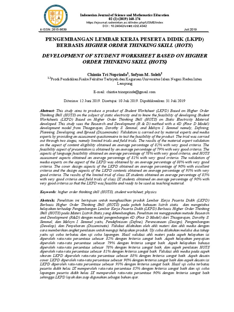 Development of Student Worksheet Based On Higher Order Thinking Skill ...
