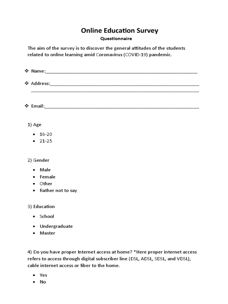 Online Education Survey Questionnaire | PDF