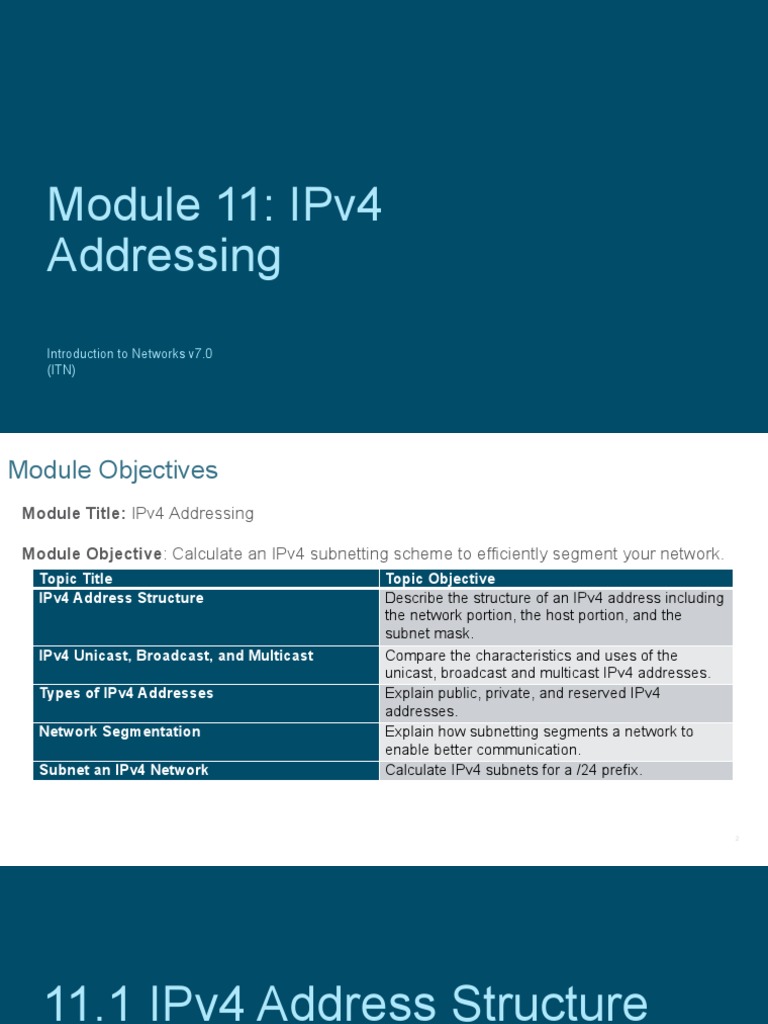 Module 11: Ipv4 Addressing: Introduction To Networks V7.0 (Itn) | PDF | Ip Address | I Pv6