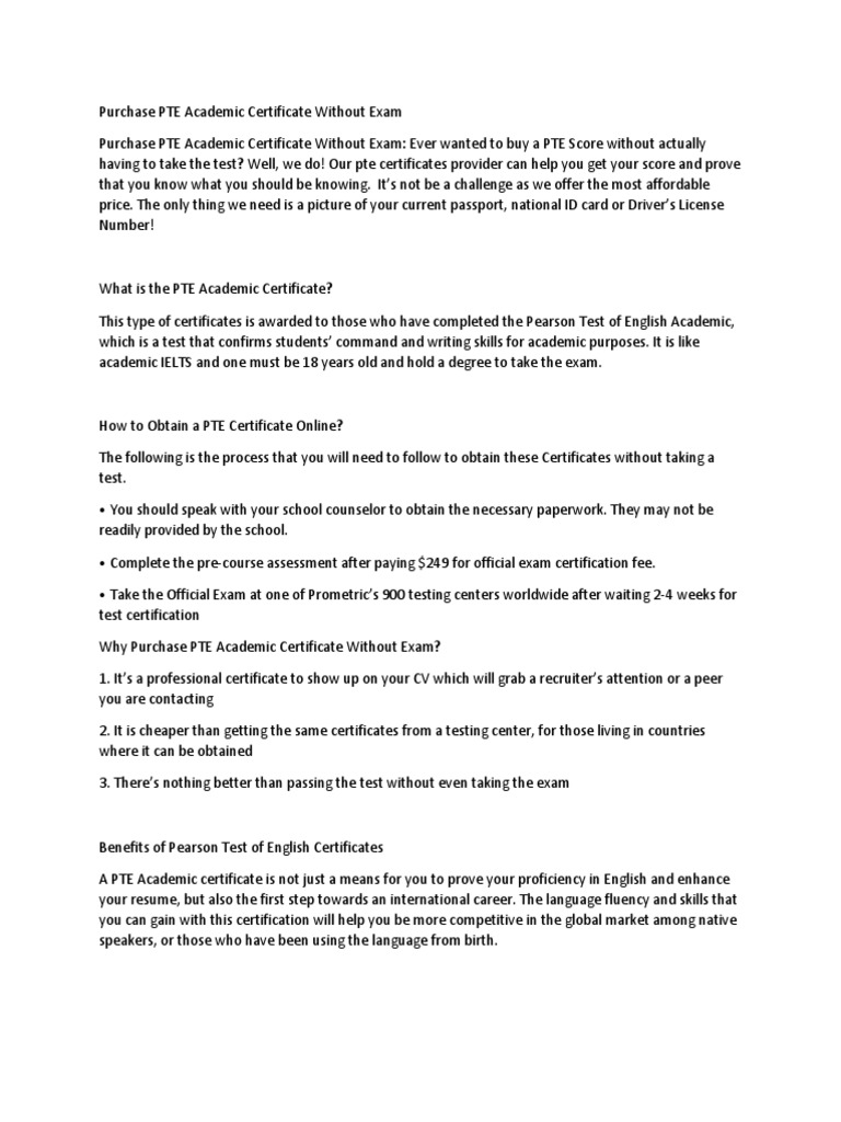 Purchase PTE Academic Certificate Without Exam | PDF