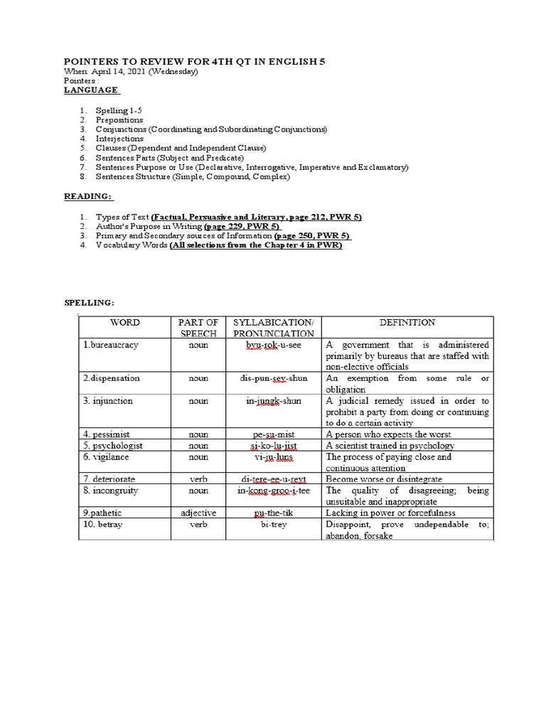 Pointers To Review For 4Th QT in English 5: Language | PDF | Sentence ...