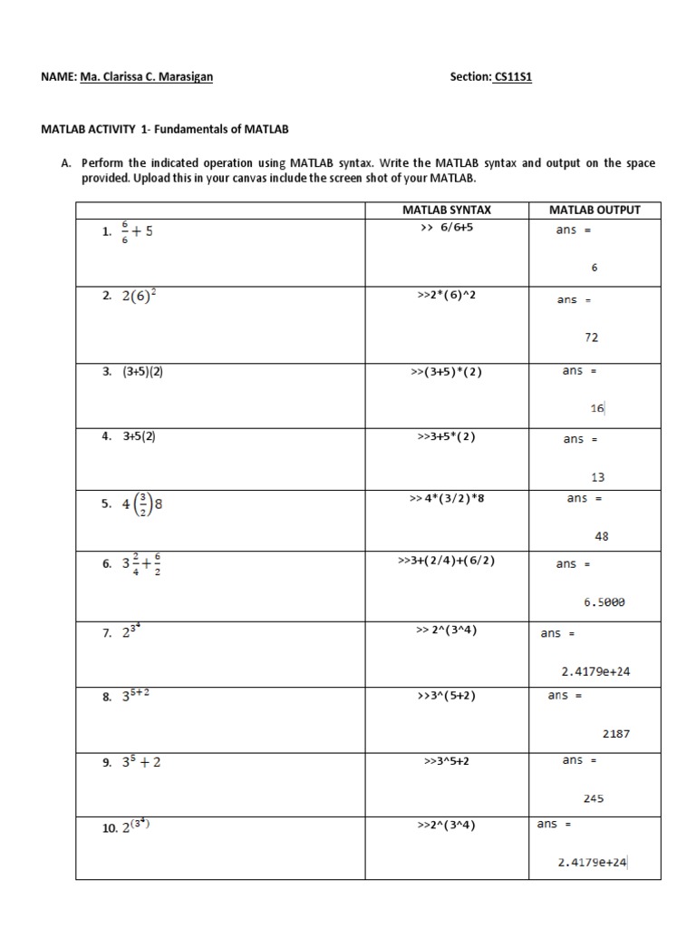 NAME: Ma. Clarissa C. Marasigan Section: CS11S1 MATLAB ACTIVITY 1-Fundamentals of MATLAB | PDF