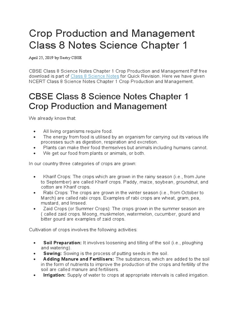 Crop Production and Management Class 8 Notes Science Chapter 1 | PDF ...