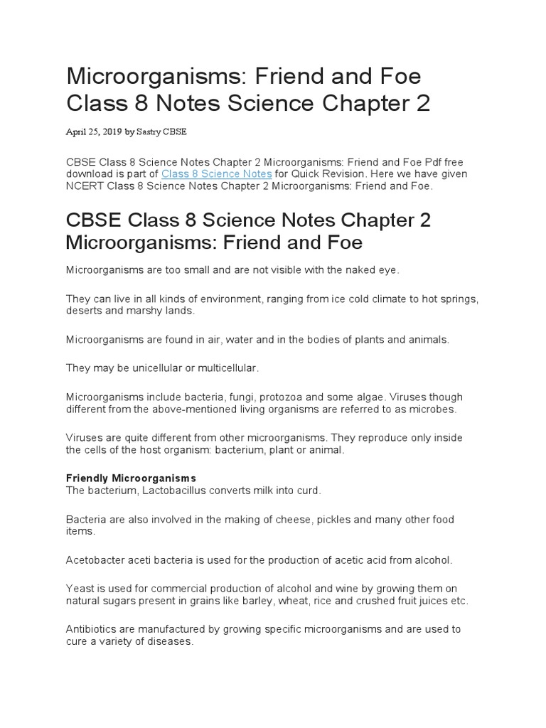 Microorganisms: Friend and Foe Class 8 Notes Science Chapter 2 | PDF ...