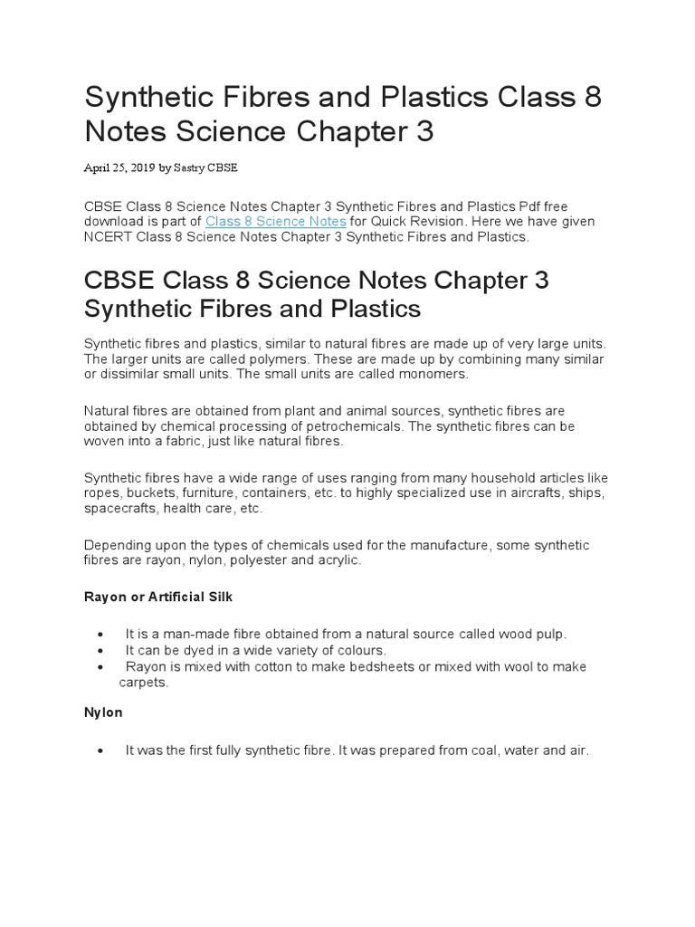 Synthetic Fibres and Plastics Class 8 Notes Science Chapter 3 | PDF ...