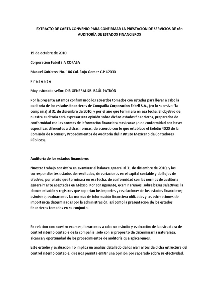 Carta Convenio para Confirmar La Prestación de Servicios de Auditoría de Estados Financieros ...