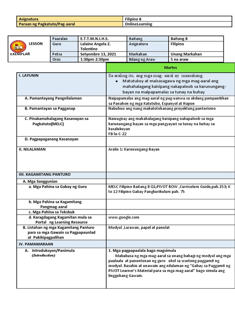 Filipino Idea Exemplar Week 1 | PDF